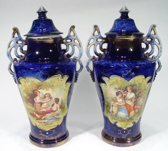 Pair Of Edwardian Flow Blue Glazed Vases And Cover