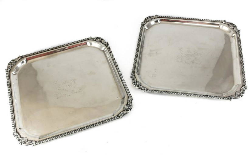 Pair B. Rogers Silverplate On Copper Square Trays #6707