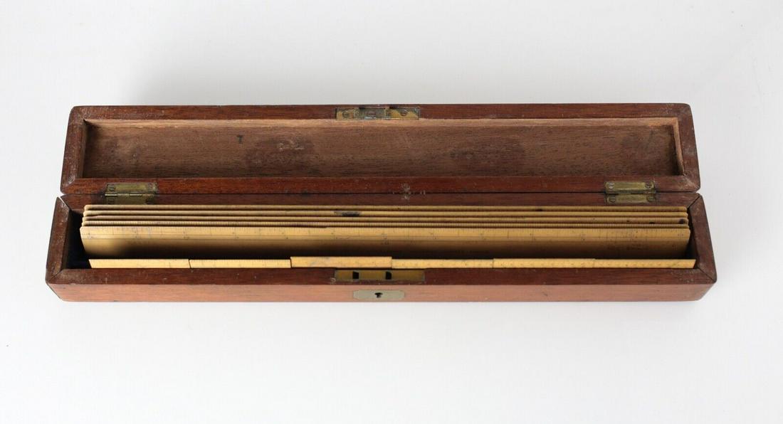 Antique Cased Set Of Stanley Engine Divided Scales Boxwood Rules / Rulers