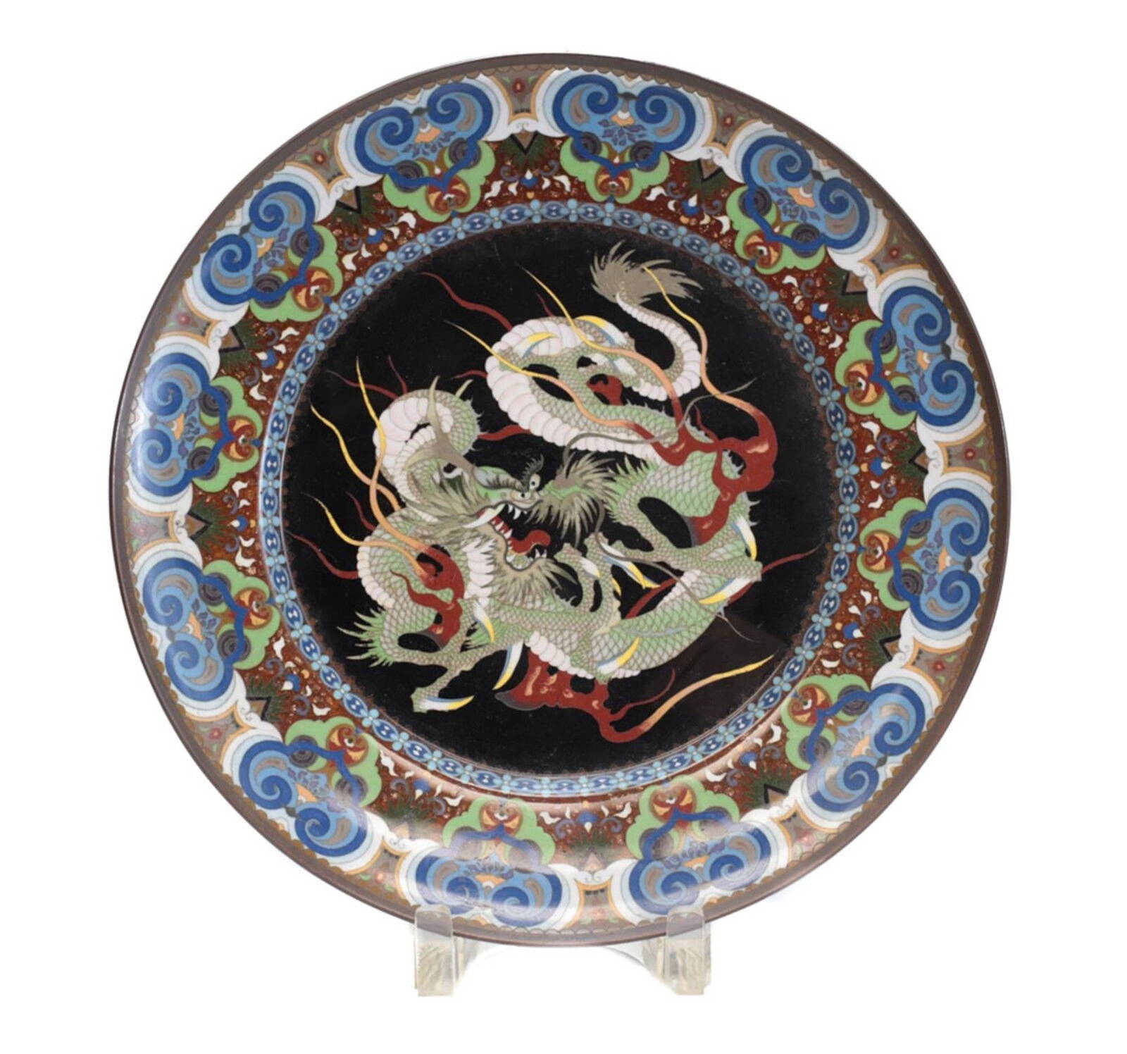 Japanese Cloisonne Platter Shaded Enamel 3-toed Dragon On Black Ground ...