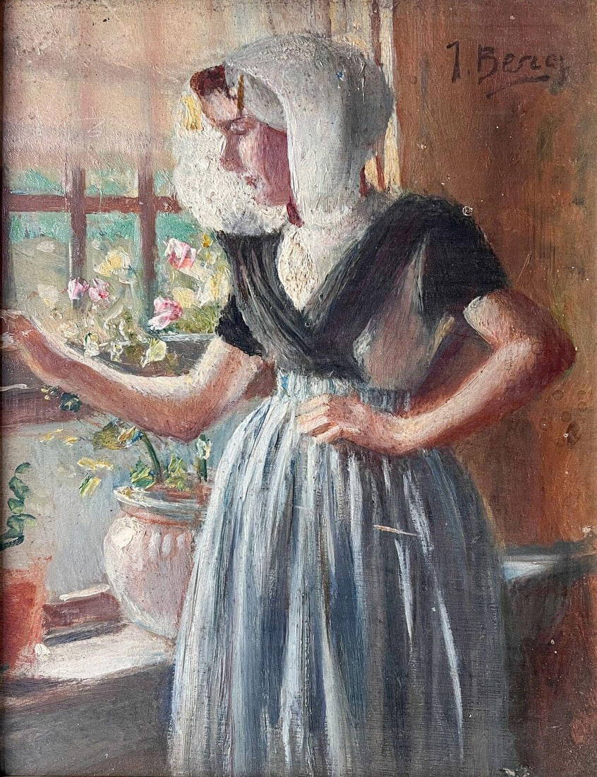 Joan Frans Berg 1853 - 1935 Oil Painting On Board Woman At Window Zealand Auction