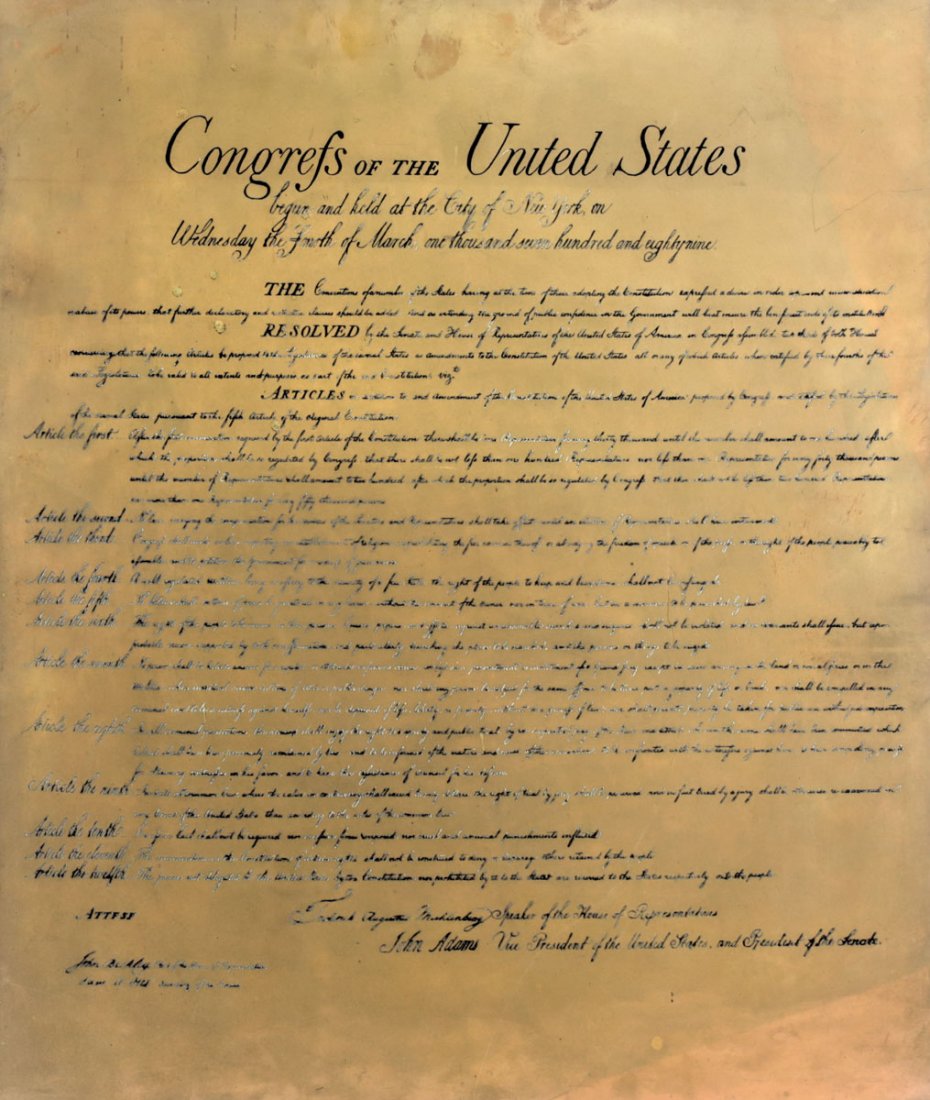 1789 Us Bill Of Rights Etched Copper Plate C1950