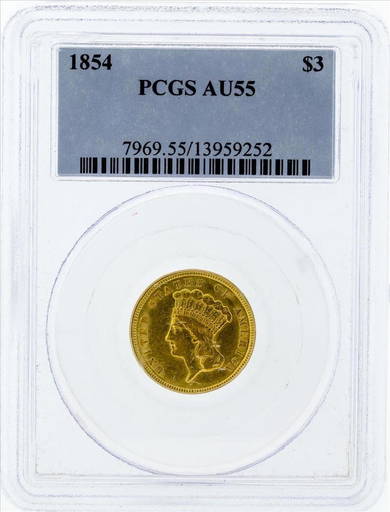 1854 $3 Indian Princess Head Gold Coin Pcgs Au55