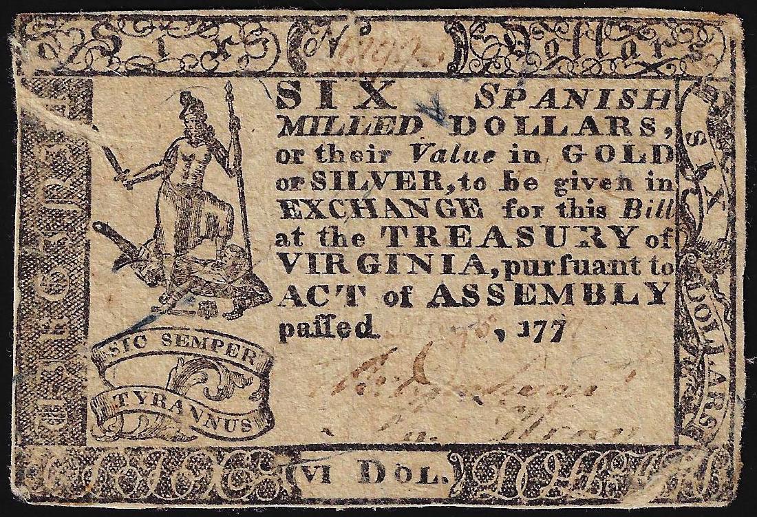 May 5, 1777 Virginia $6 Colonial Currency Note