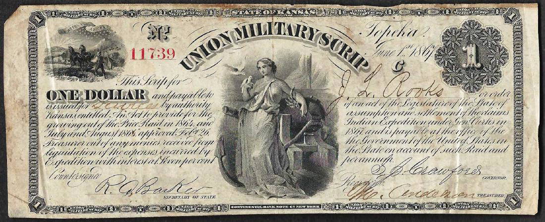 1867 $1 Union Military Scrip Topeka Kansas