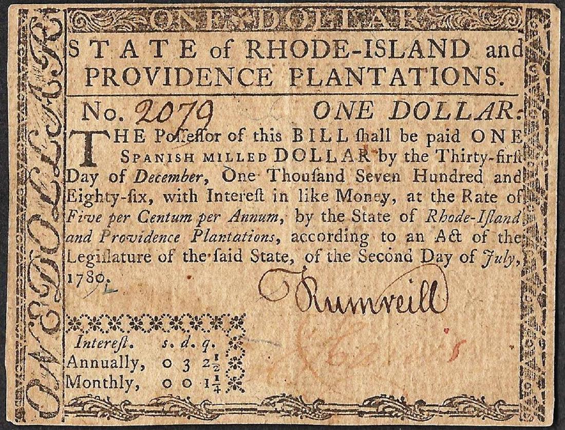 July 2, 1780 $1 Rhode Island Colonial Currency Note