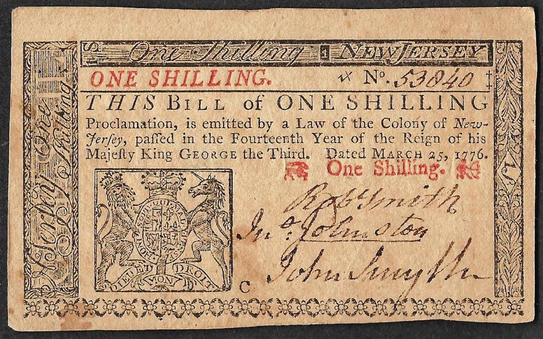 March 25, 1776 New Jersey One Shilling Colonial