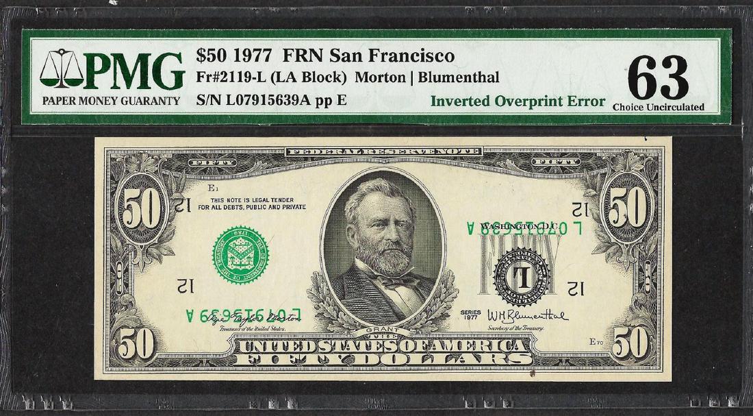 1977 $50 Federal Reserve Note ERROR Inverted Overprint