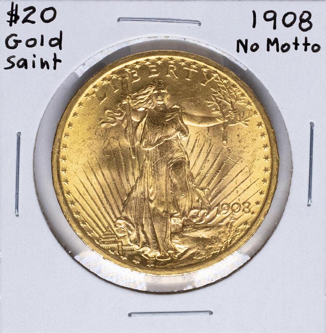 1908 No Motto $20 St. Gaudens Double Eagle Gold Coin