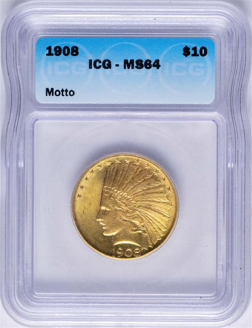 1908 with Motto $10 Indian Head Eagle Gold Coin ICG