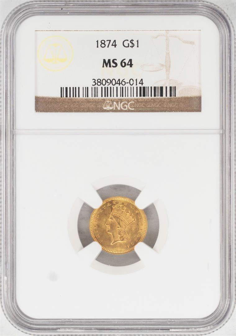 1874 $1 Indian Princess Head Gold Dollar Coin Ngc Ms64