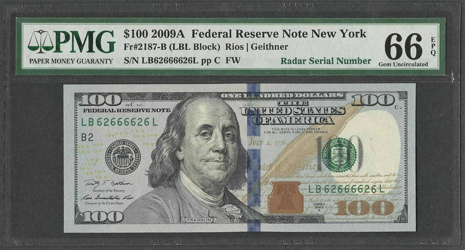 2009a $100 Federal Reserve Note Radar Serial Number Pmg