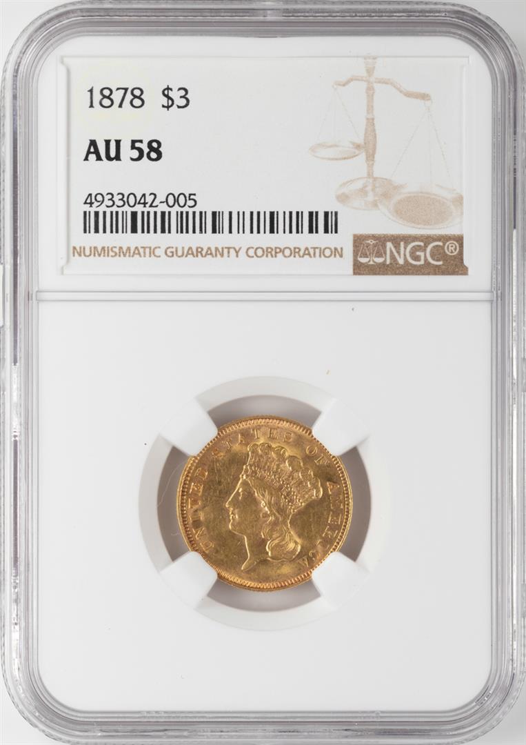1878 $3 Indian Princess Head Gold Coin Ngc Au58