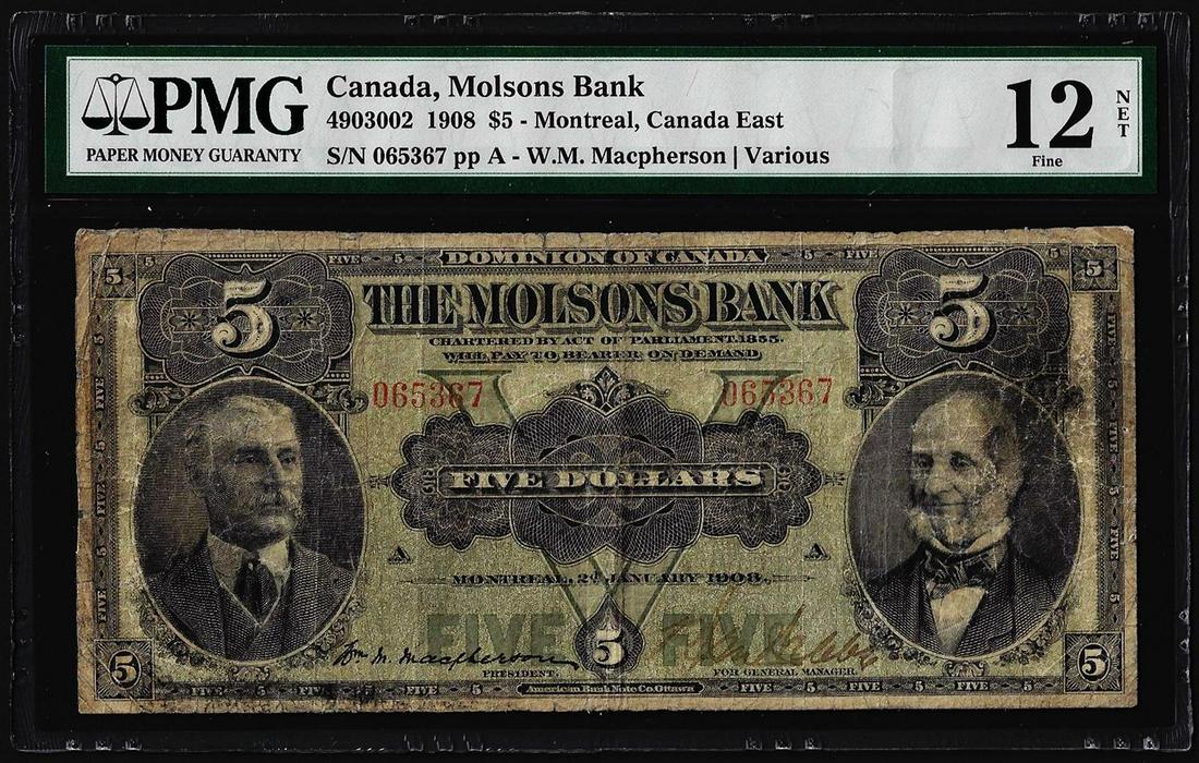 1908 $5 Canada Montreal The Molsons Bank Note PMG Fine - Mar 15, 2020 ...