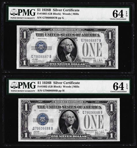 (2) Consecutive 1928b $1 Silver Certificate Notes