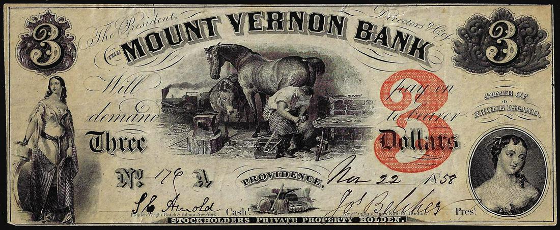 1858 $3 Mount Vernon Bank Providence, Rhode Island - Feb 24, 2021 | BK ...