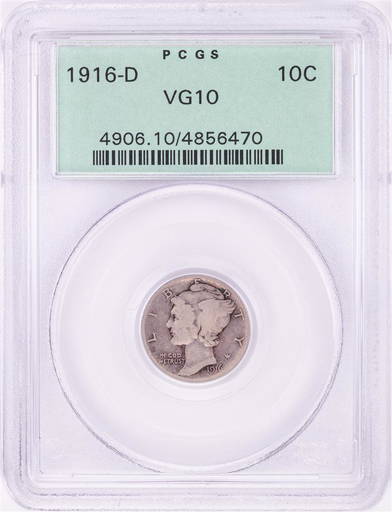 1916 D Mercury Dime Coin Pcgs Vg10 Old Green Holder
