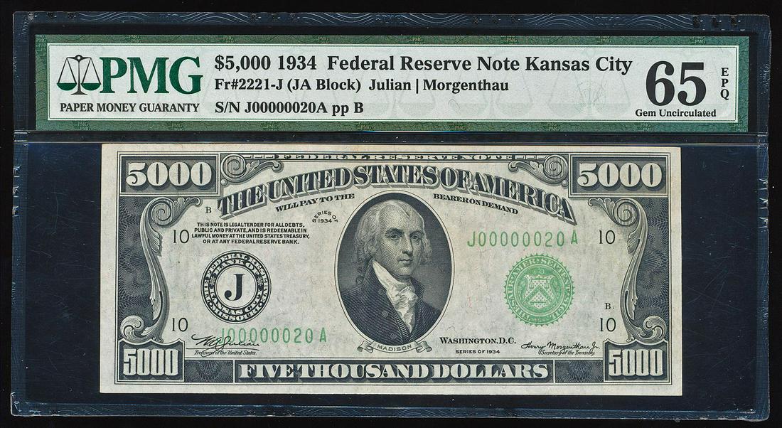 1934 $5,000 Federal Reserve Note Kansas City Fr.2221-J - Jun 26, 2021 ...
