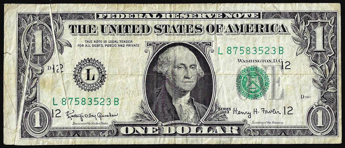1963a $1 Federal Reserve Note Double Gutter Fold Error