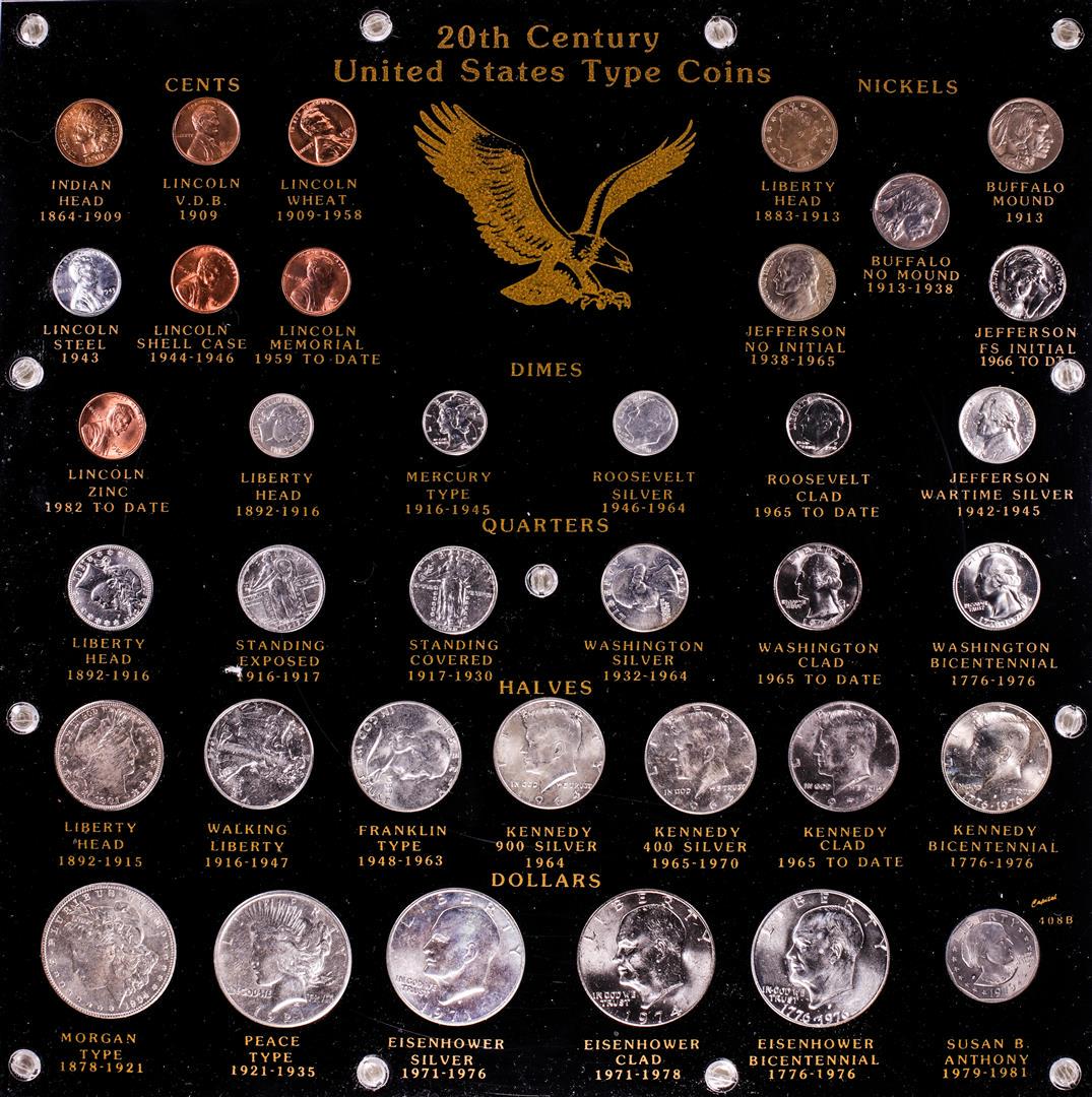 20th Century United States Type Coin Set In Capital Plastics Board