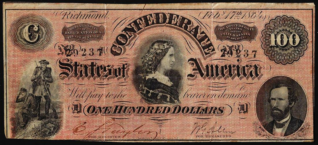 1864 $100 Confederate States of America Note - May 21, 2022 | BK ...