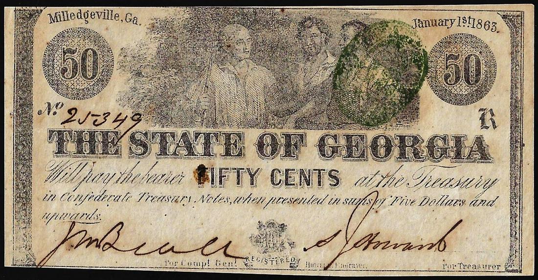 1863 Fifty Cents State of Georgia Milledgeville, GA Obsolete Note - Aug ...
