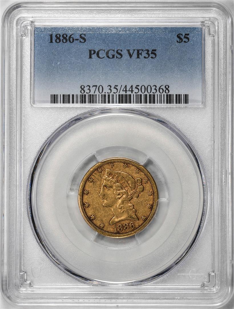 1886 S $5 Liberty Head Half Eagle Gold Coin Pcgs Vf35