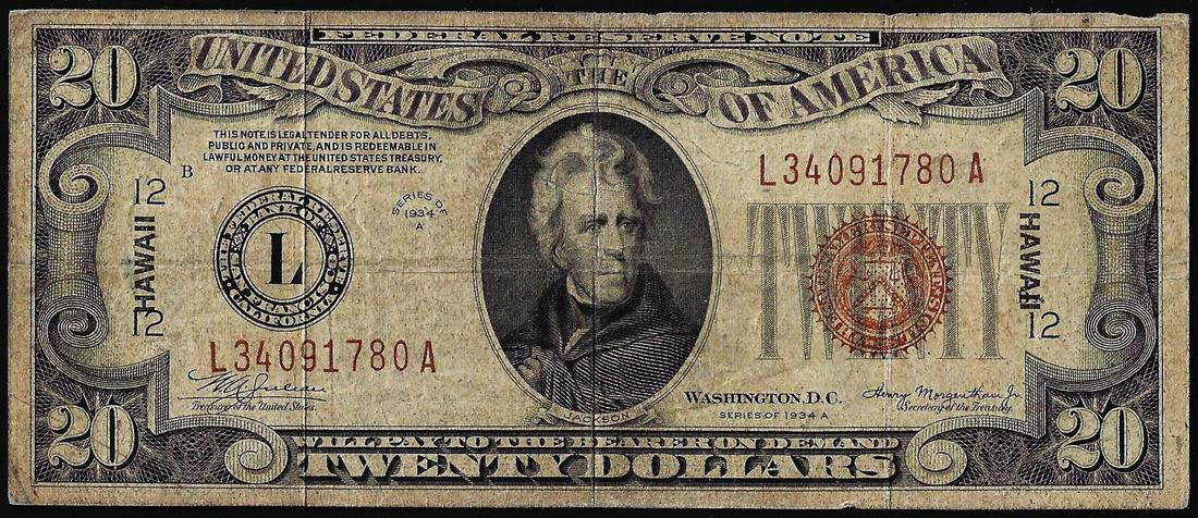 1934A $20 Hawaii WWII Emergency Issue Federal Reserve Note - Dec 03 ...