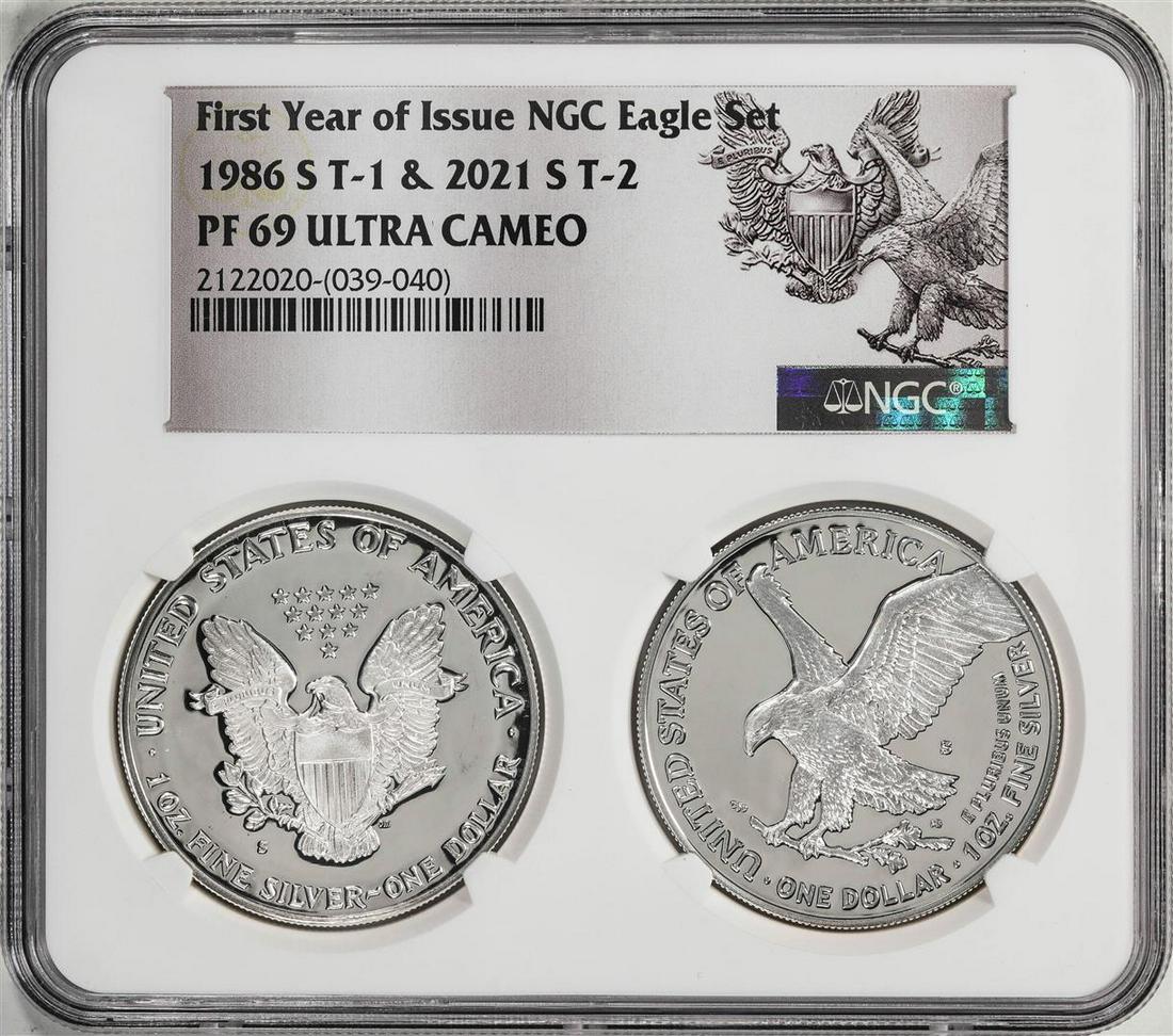 1986-S & 2021-S First Year of Issue $1 Proof Silver Eagle Coin Set NGC PF69 Ultra Cameo (#0064 ...