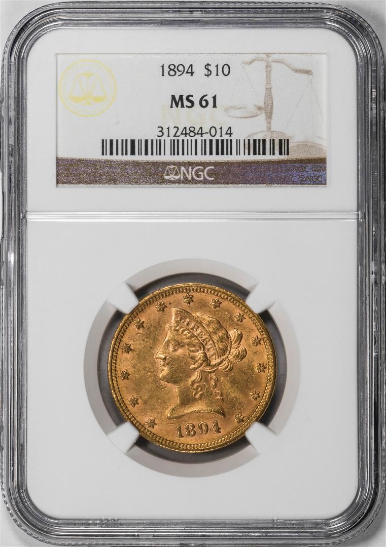 1894 $10 Liberty Head Eagle Gold Coin NGC MS61 (#0325) on Jan 10, 2023 | BK Auctions in CA
