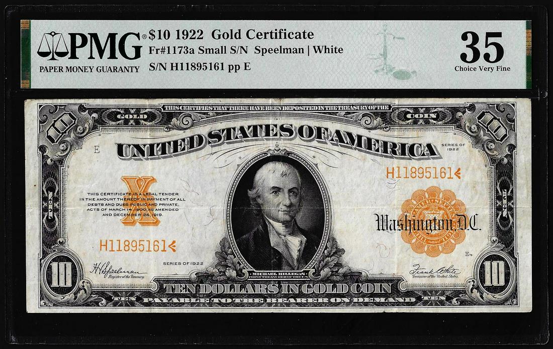 1922 $10 Gold Certificate Note Fr.1173a Small S/N PMG Choice Very Fine 35 - Mar 04, 2023 | BK ...