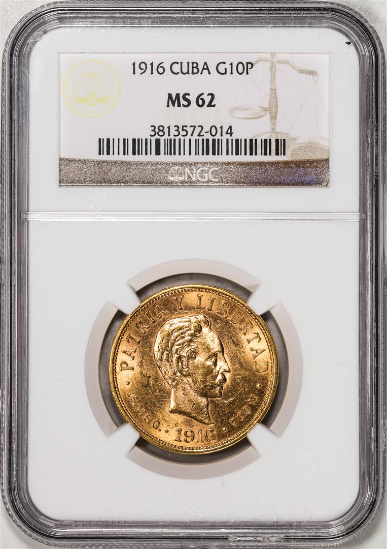 1916 Cuba 10 Pesos Gold Coin Ngc Ms62