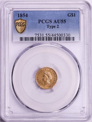 1854 Type 2 Indian Princess Head Gold Dollar Coin Pcgs Au55