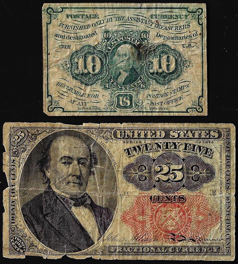 Lot Of 1862 First Issue 10 Cent & 1874 Fifth Issue 25 Cent Fractional ...