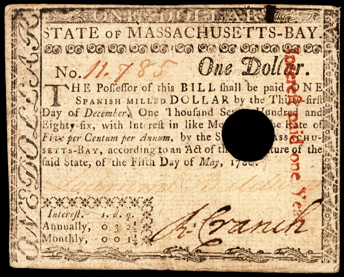 May 5, 1780 Massachusetts Bay $1 Colonial Currency Note