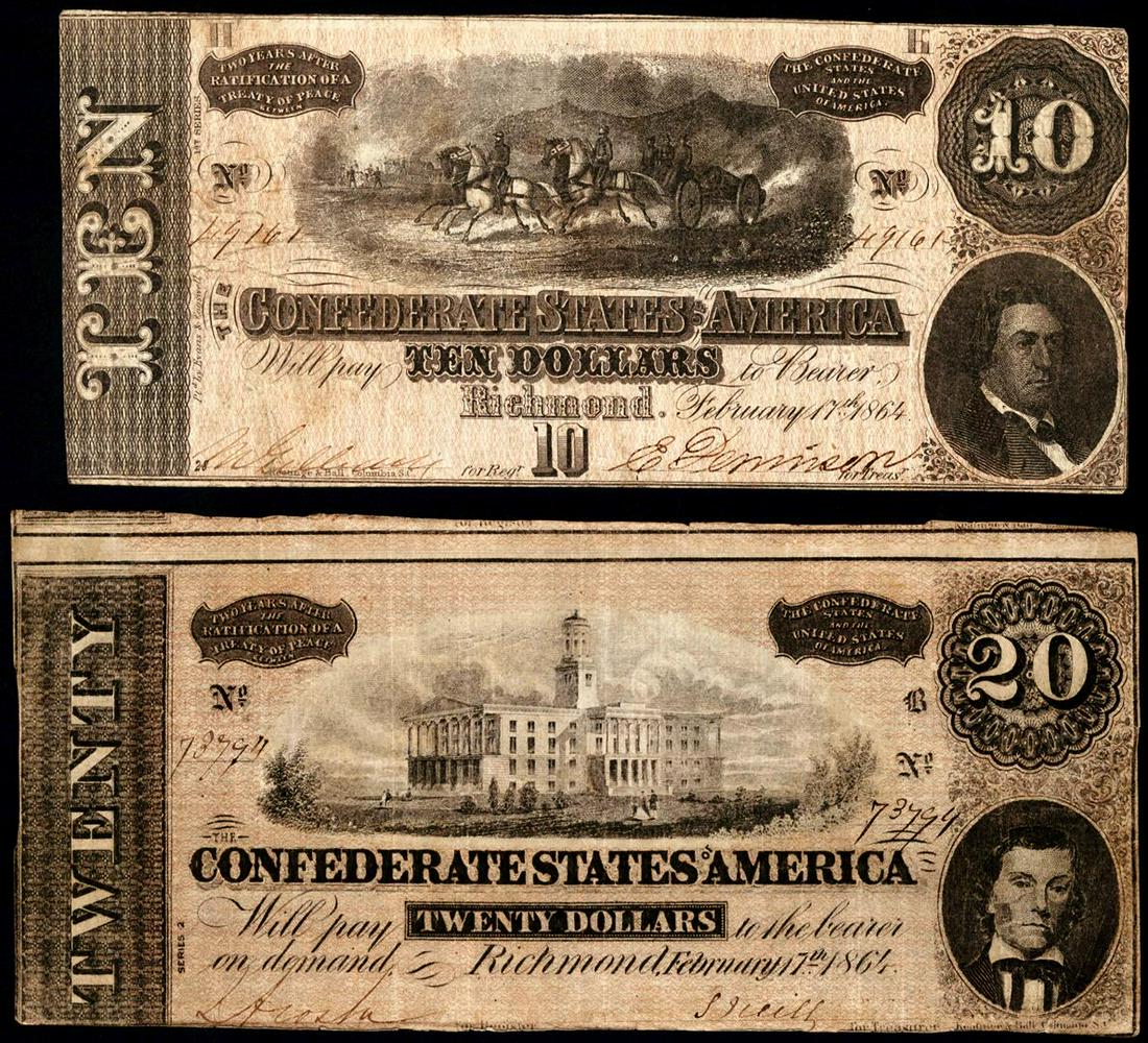 Lot of 1864 $10 & $20 Confederate States of America Notes - Apr 09 ...