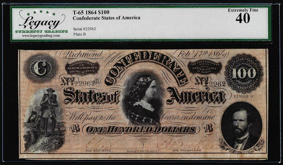 1864 $100 Confederate States Of America Note T 65 Legacy Extremely Fine 40