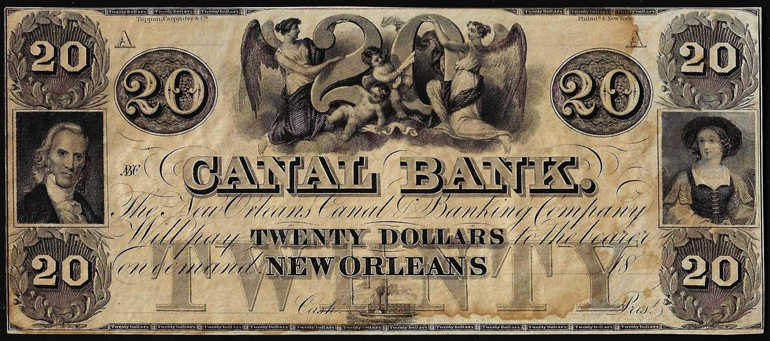 1800's $20 Canal Bank New Orleans, La Obsolete Bank Note
