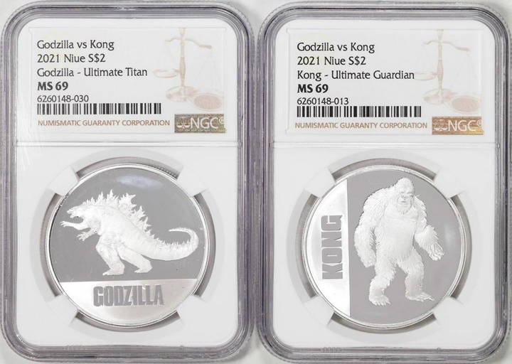 Set Of 2021 Niue $2 Godzilla Vs Kong Silver Coins Ngc Ms69