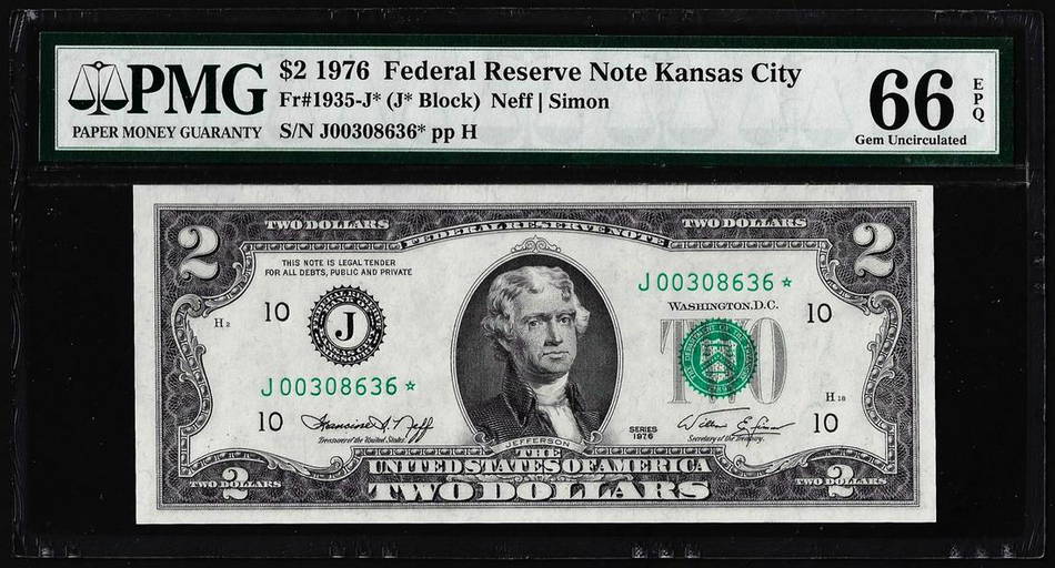 1976 $2 Federal Reserve Star Note Kansas City Fr.1935 J* Pmg Gem ...