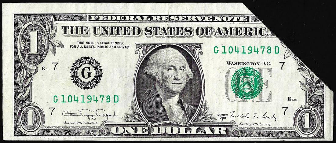 1988a $1 Federal Reserve Obstructed Printing Error Note Chicago