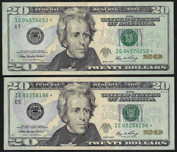 Lot Of (2) 2006 $20 Federal Reserve Star Notes