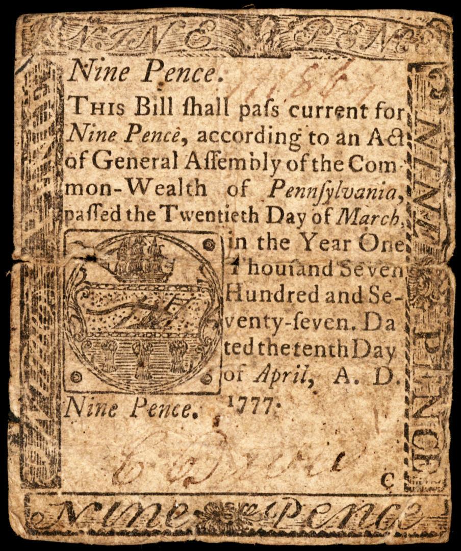 April 10, 1777 Pennsylvania Nine Pence Colonial Currency Note Auction