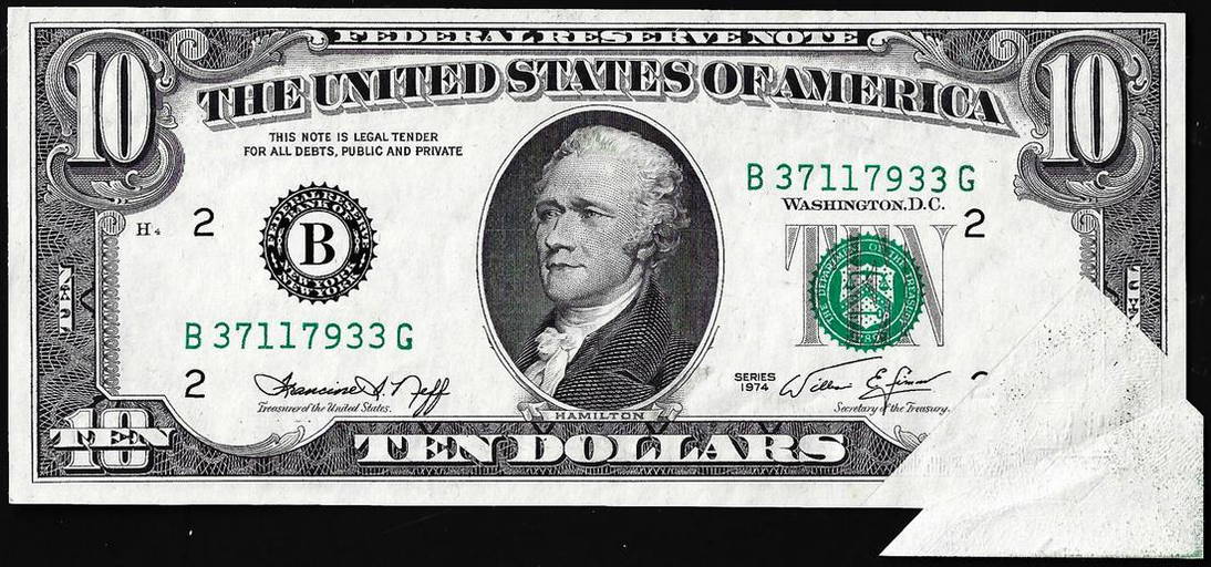 1974 $10 Federal Reserve Butterfly Fold Error Note New York