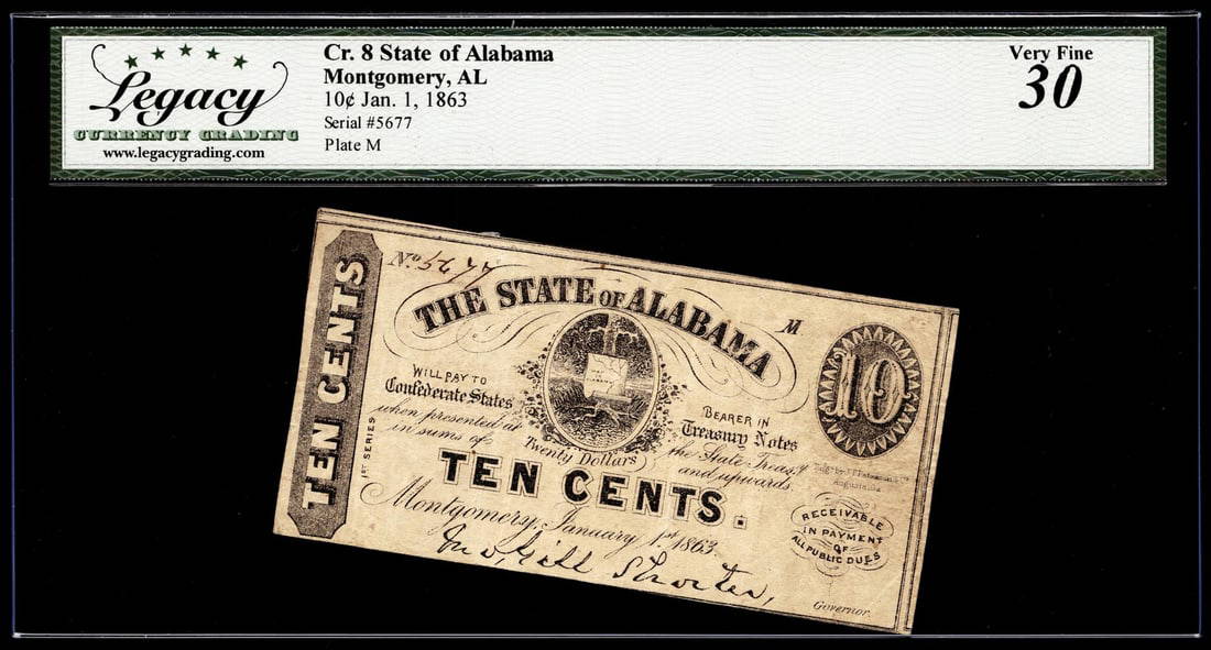 1863 Ten Cents The State Of Alabama Montgomery, Al Obsolete Note Legacy ...