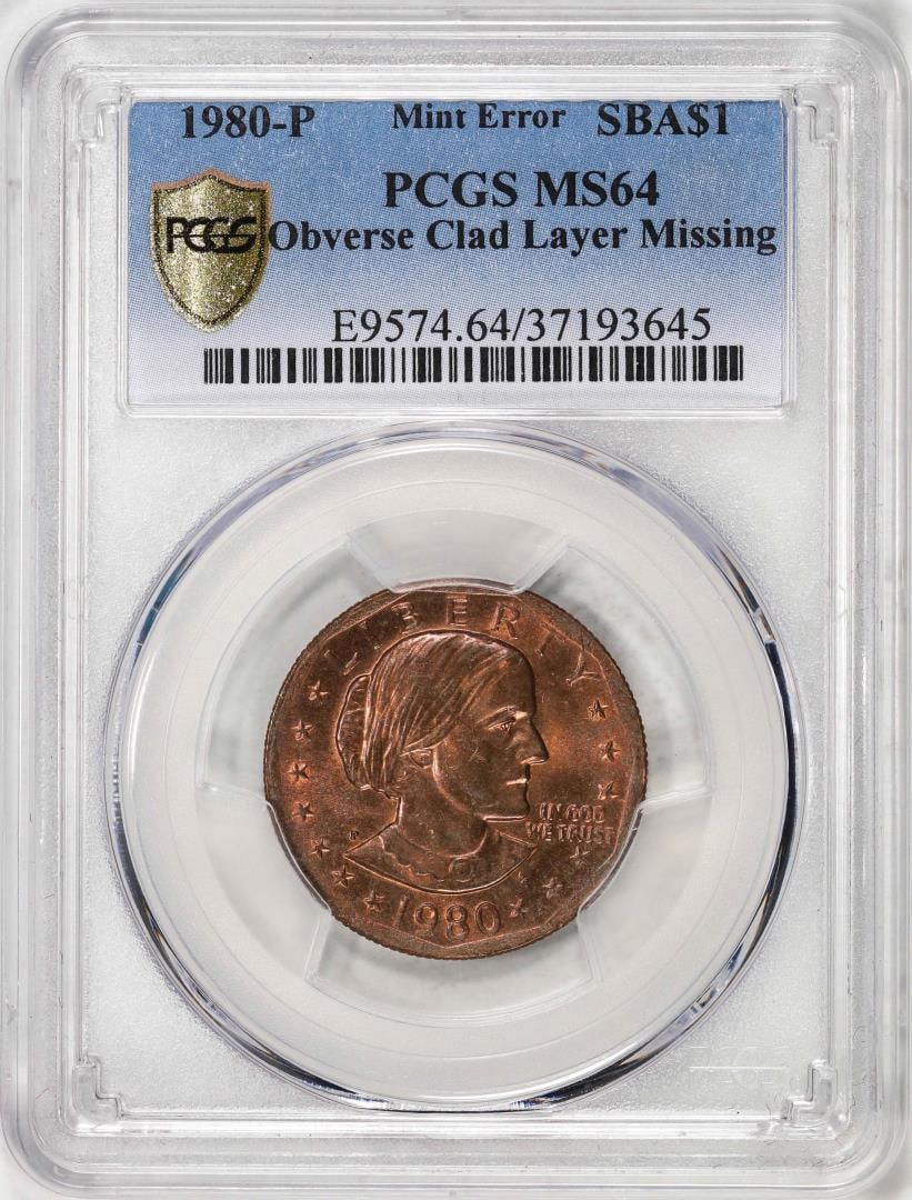 1980-p $1 Susan B. Anthony Dollar Coin Error Obverse Clad Layer Missing Pcgs Ms64 Auction
