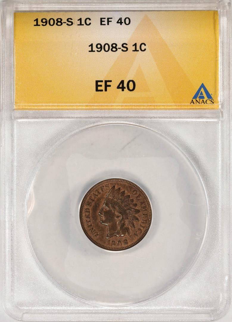 1908-s Indian Head Cent Coin Anacs Ef40 Auction