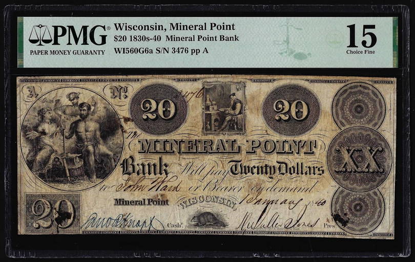 1830s 40 $20 Mineral Point Bank Wisconsin Obsolete Note Wi560g6a Pmg ...