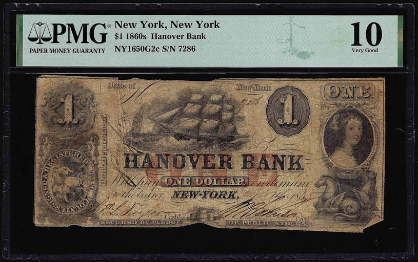 1860s $1 Hanover Bank New York, Ny Obsolete Note Ny1650g2c Pmg Very Good 10