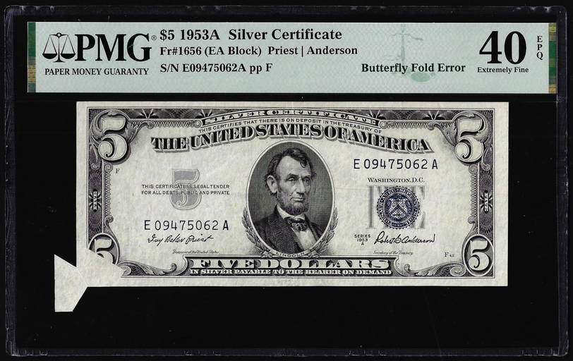 1953a $5 Silver Certificate Butterfly Fold Error Note Pmg Extremely ...